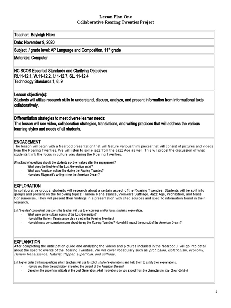 Lesson Plan One Collaborative Roaring Twenties Project: Harlem ...