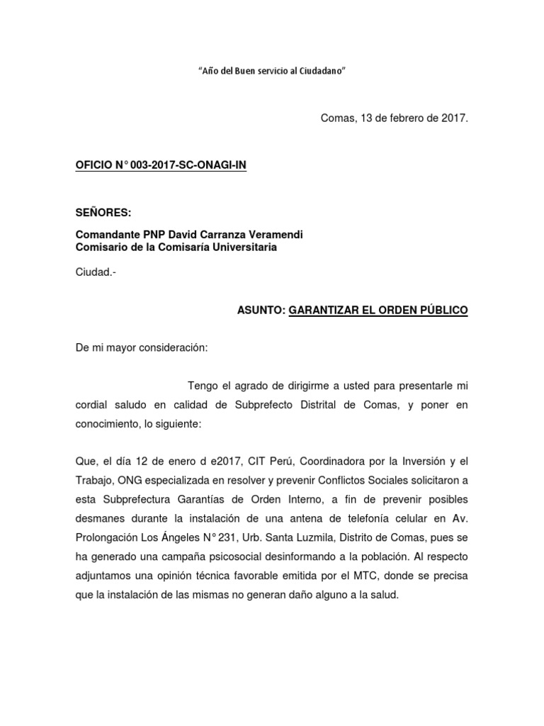 Oficio A Comisaria Garantizar El Orden - Subprefectura | PDF