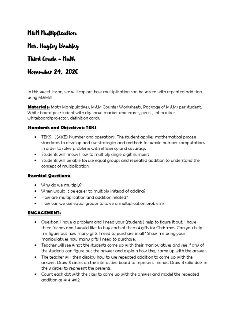 5e Lesson Plan Sample With Worksheets | PDF | Worksheet | Multiplication