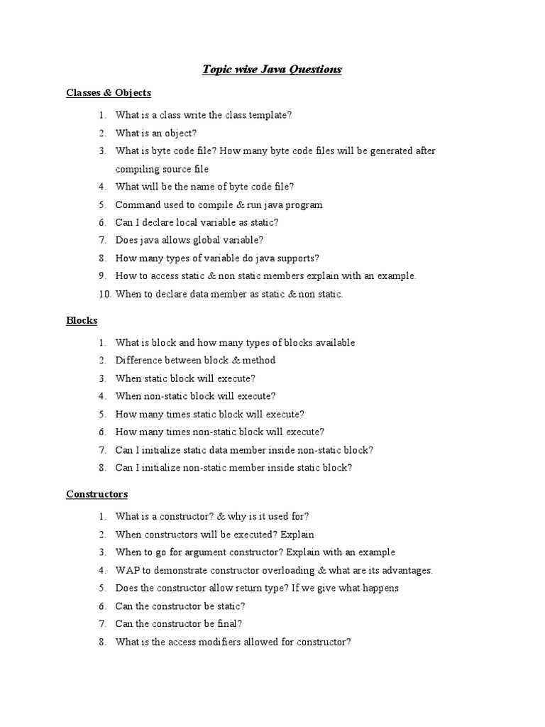 Topic Wise Java Questions Pdf Method Computer Programming Class Computer Programming
