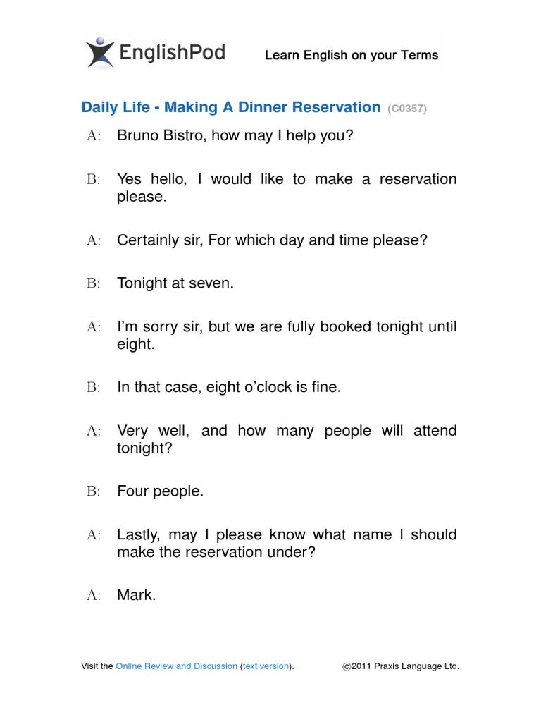 Daily Life - Making A Dinner Reservation | PDF | Tableware | Tools