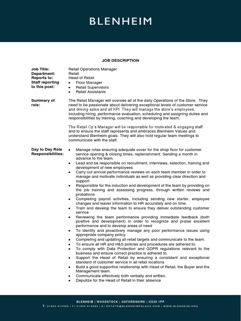 JD - Retail - Retail Operations Manager | PDF | Performance Appraisal ...