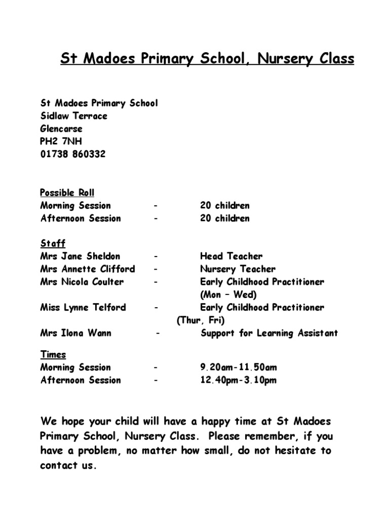 St Madoes Nursery Class Handbook | PDF | Preschool | Curriculum