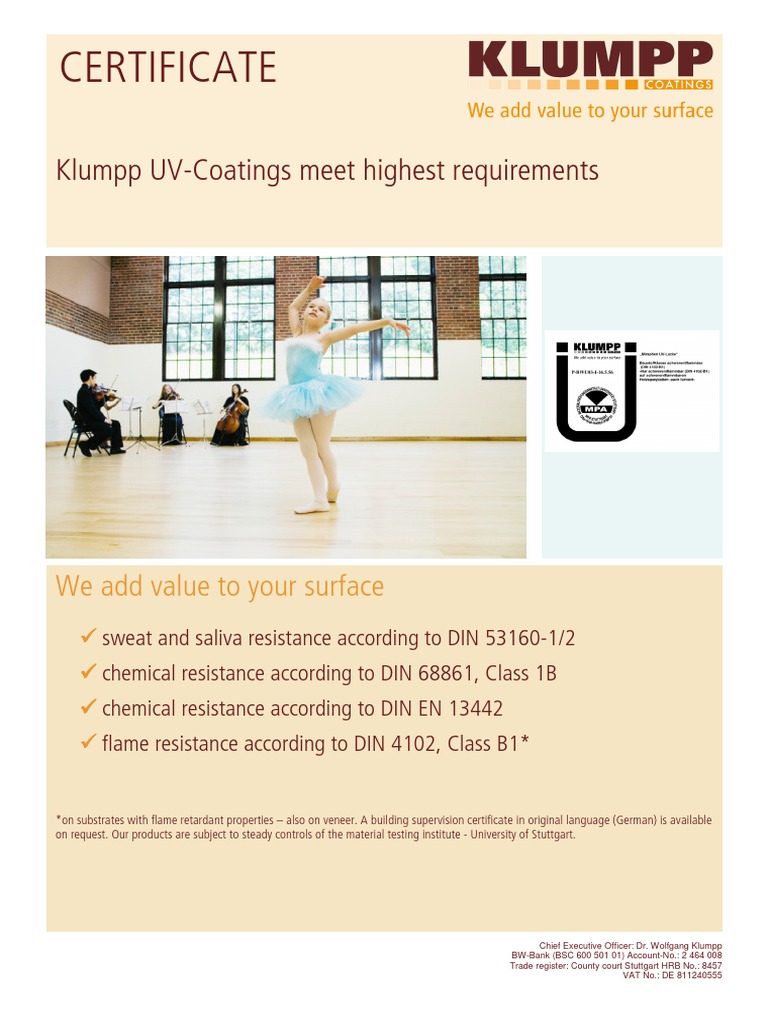 Certificate: Klumpp UV-Coatings Meet Highest Requirements | PDF