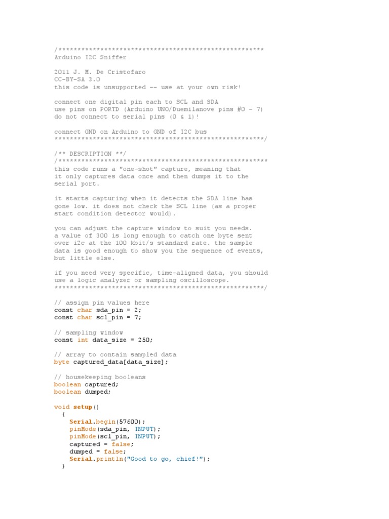 Arduino I2c Sniffer A One Shot I2c Bus Data Capture And Serial Output Sketch Pdf Computer 9805