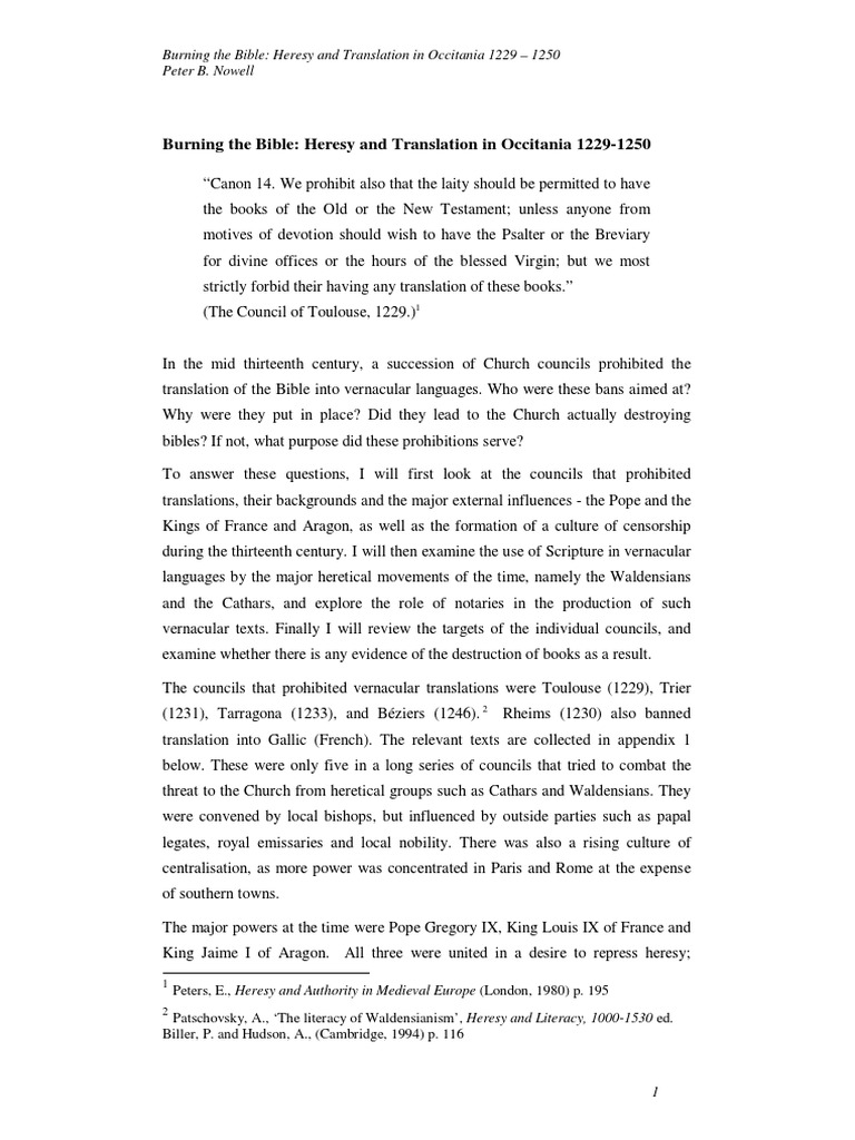 Burning The Bible: Heresy and Translation in Occitania 1229-1250 | PDF ...