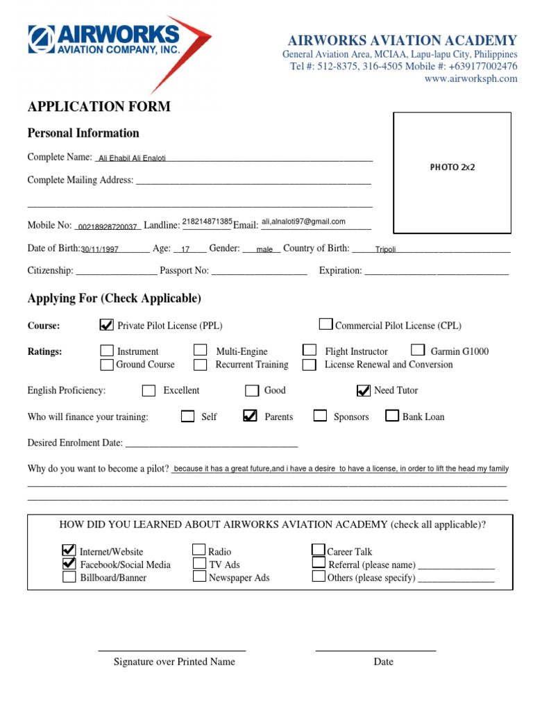 Application Form: Airworks Aviation Academy | PDF | Flight Instructor ...