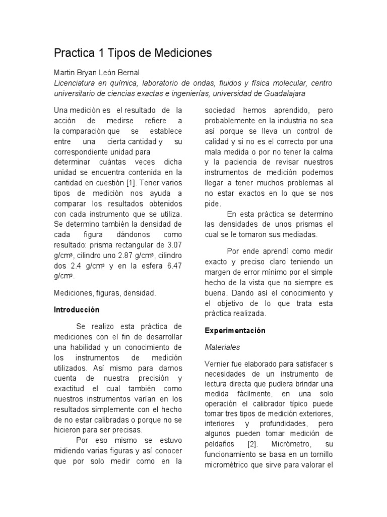 Practica 1 Tipos de Mediciones | PDF | Medición | Densidad