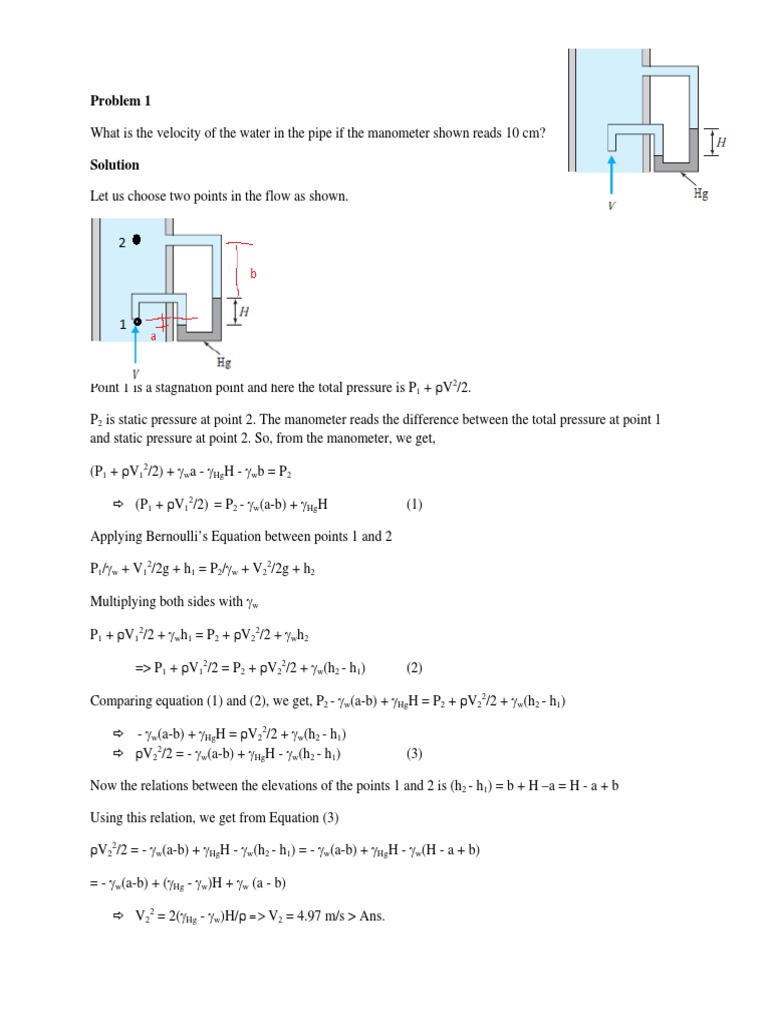 Bernoulli's Equation Problem Solutions | PDF | Pressure | Fluid Dynamics
