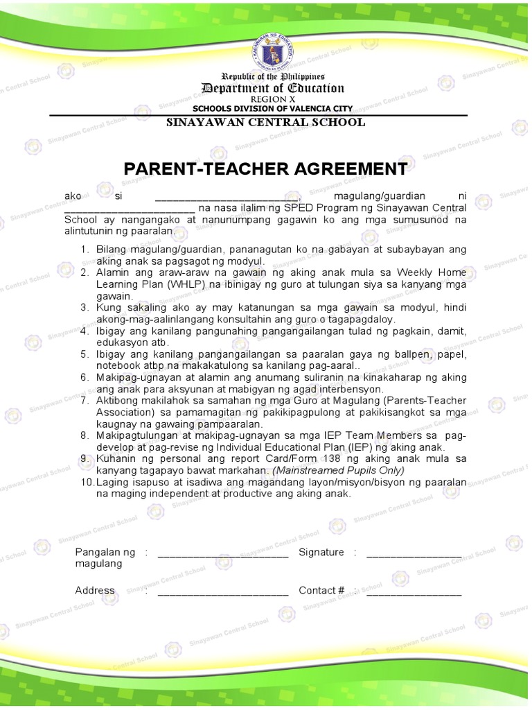 Parent-Teacher Agreement | PDF