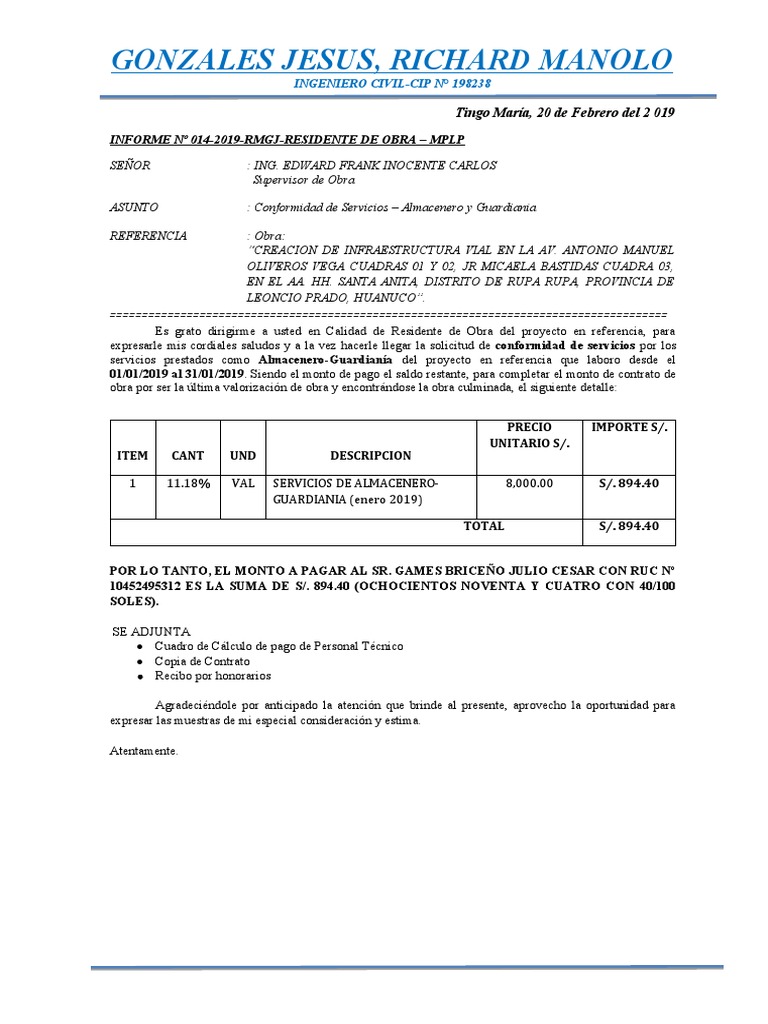 014 Informe Solicitud de Pago Almacenero Enero 2019 | PDF | Finanzas y dinero