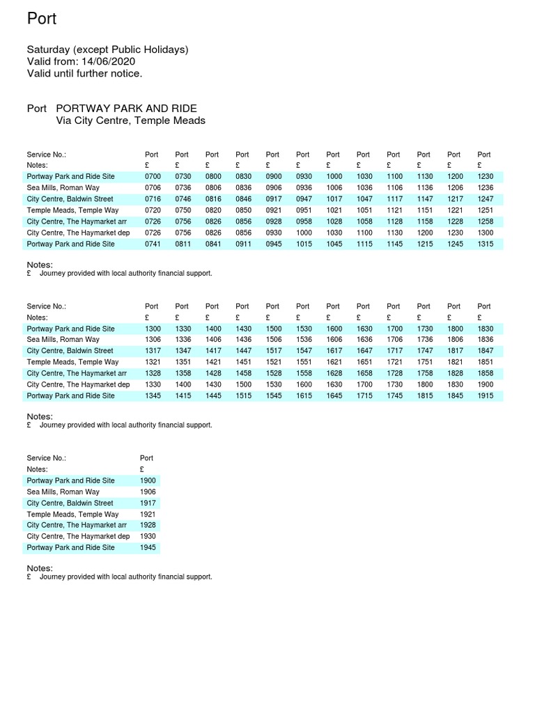 Portway Park and Ride Timetable | PDF