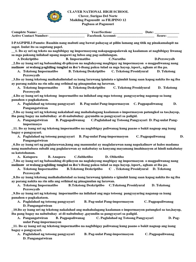 Pagbasa at Pagsusuri Grade 12 TVL Only | PDF