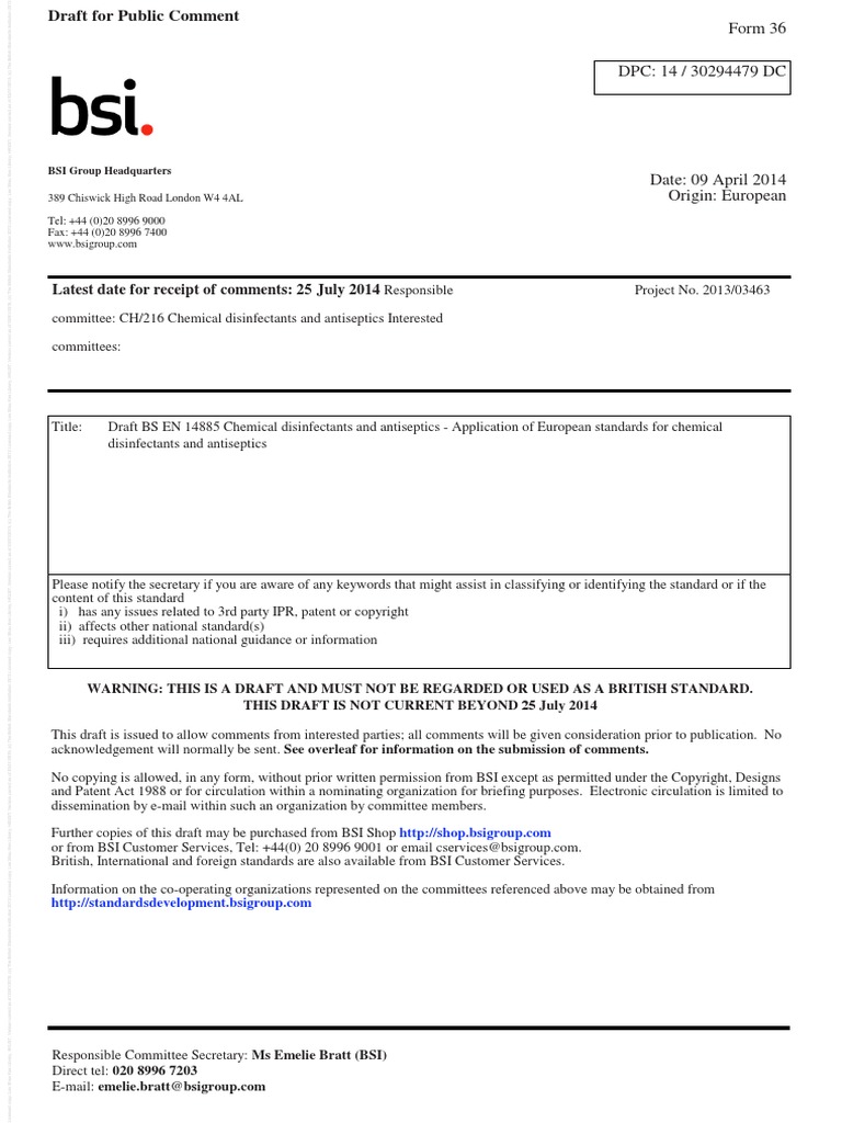 (BS en 14885) - Chemical Disinfectants and Antiseptics. Application of ...
