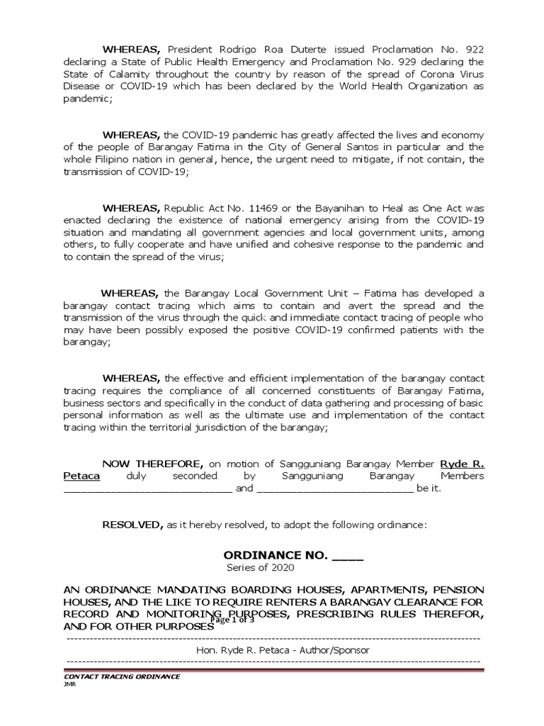 Barangay Fatima Contact Tracing Ordinance | PDF | State Of Emergency ...