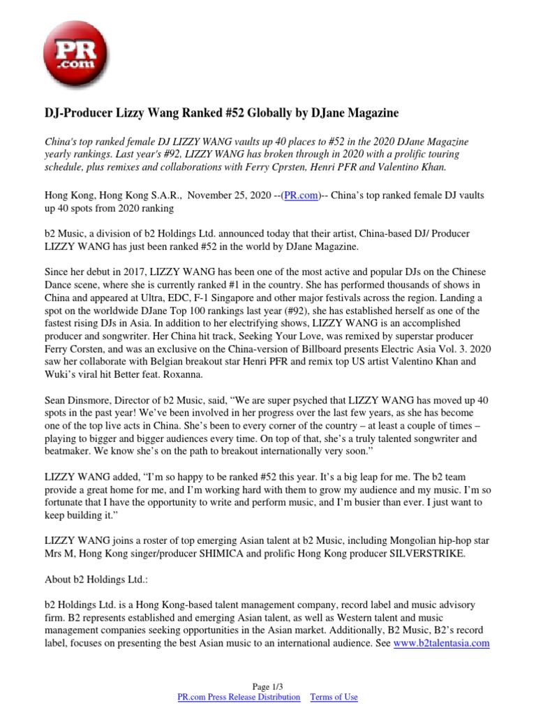 DJ-Producer Lizzy Wang Ranked #52 Globally by DJane Magazine | PDF | Popular Music | Music Industry