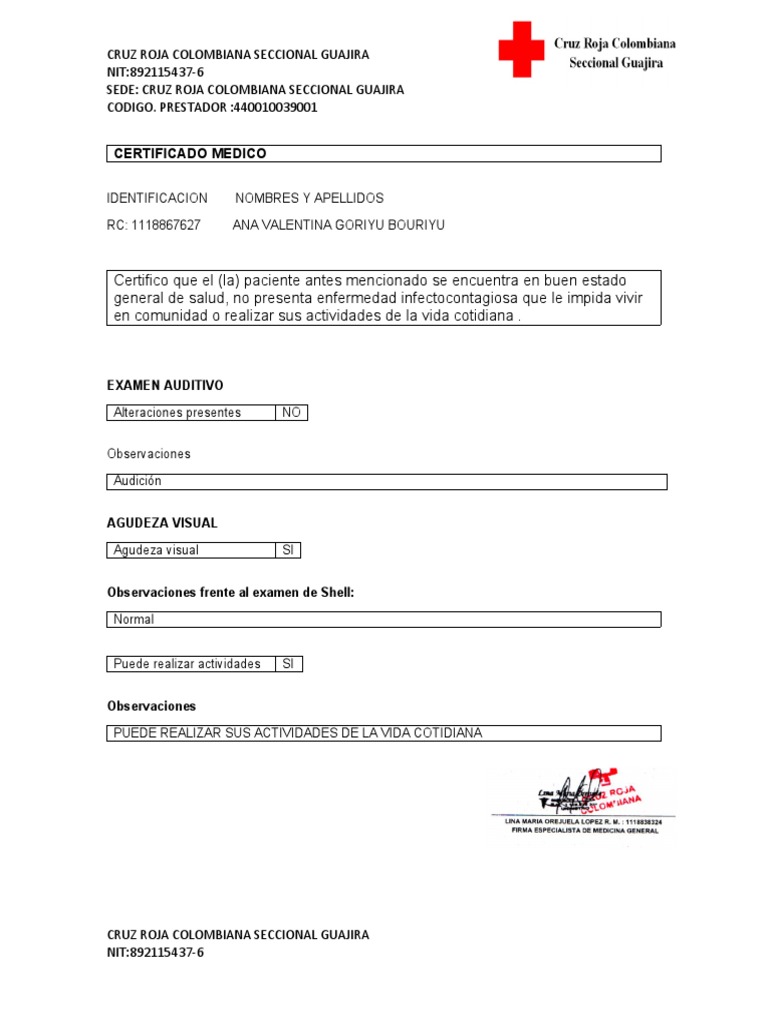 Certificado Medico Cruz Roja Colombiana Actualizado | PDF