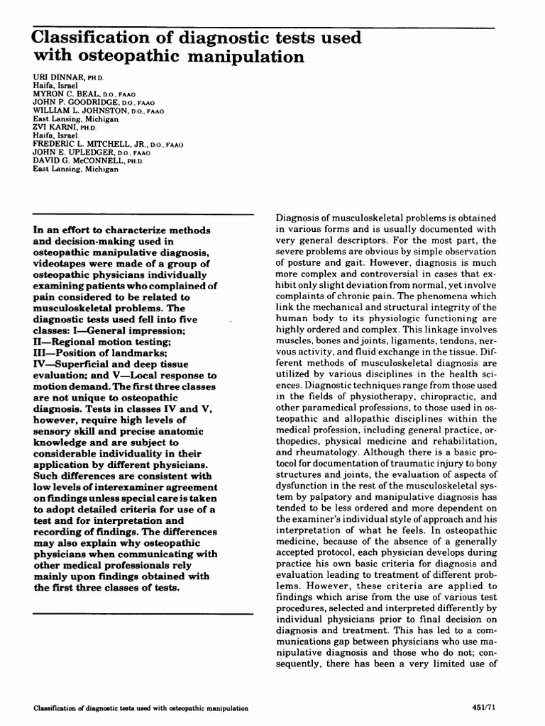 Classification of Diagnostic Tests Used With Osteopathic Manipulation ...