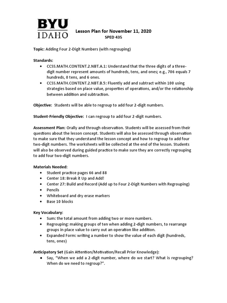 Adding Four 2-Digit Numbers With Regrouping Lesson Plan | PDF ...