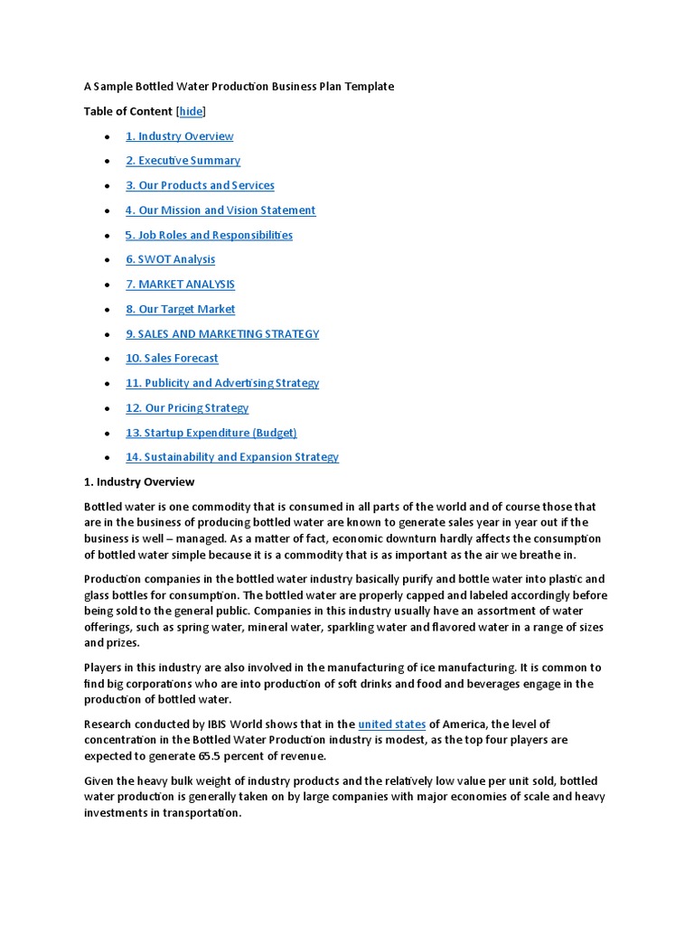 A Sample Bottled Water Production Business Plan Template | PDF ...