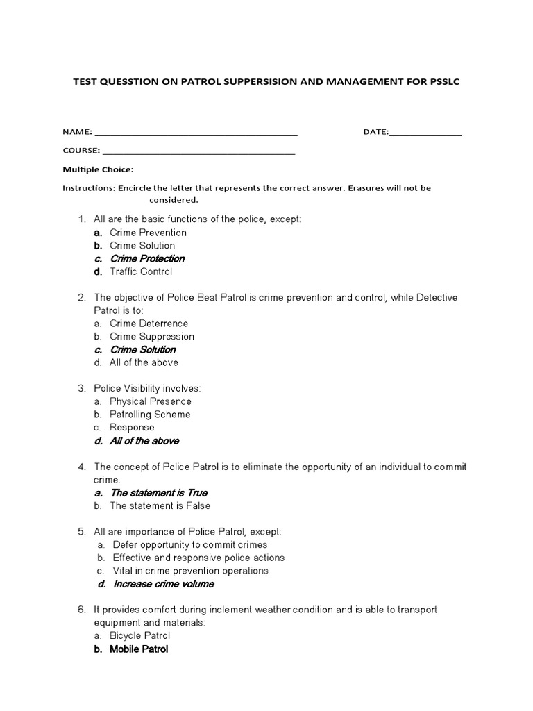 Patrol Supervision Test Questions | PDF | Police | Crime Prevention