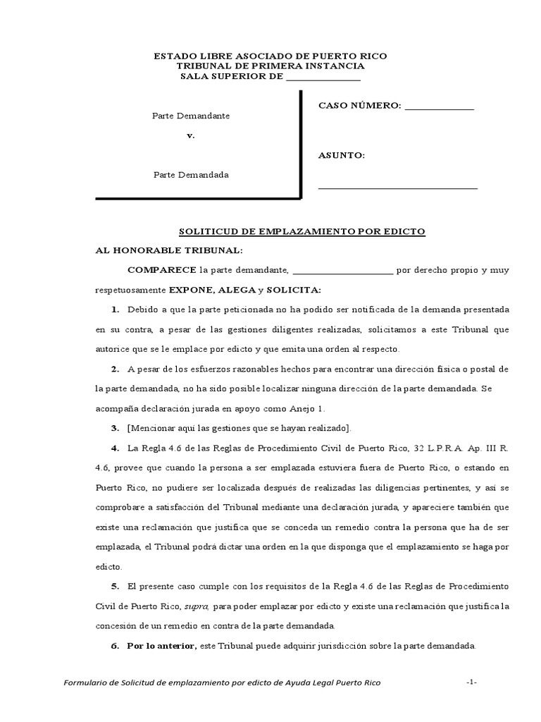 Modelo Mocion Emplazamiento Edicto | PDF | Puerto Rico | Gobierno