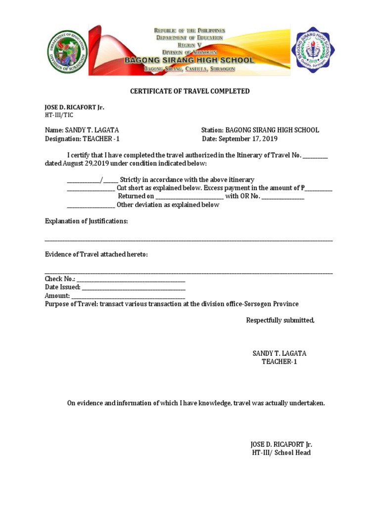 Certificate of Travel Completed | PDF