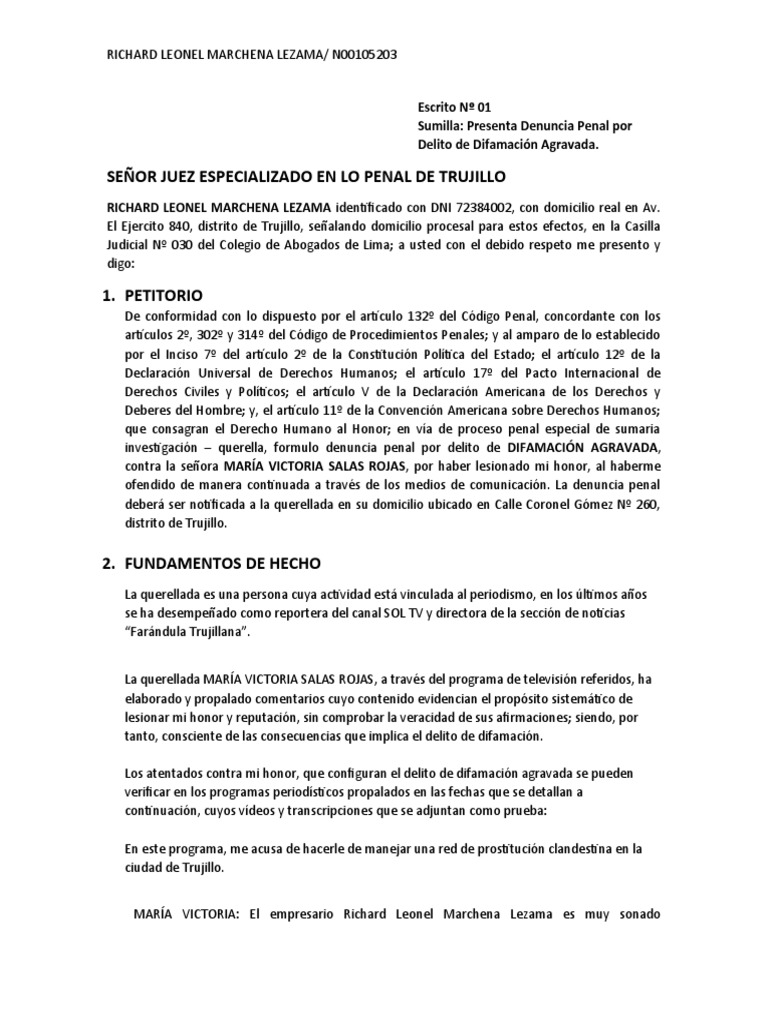 Querella | Descargar gratis PDF | Intención (Derecho Penal) | Queja