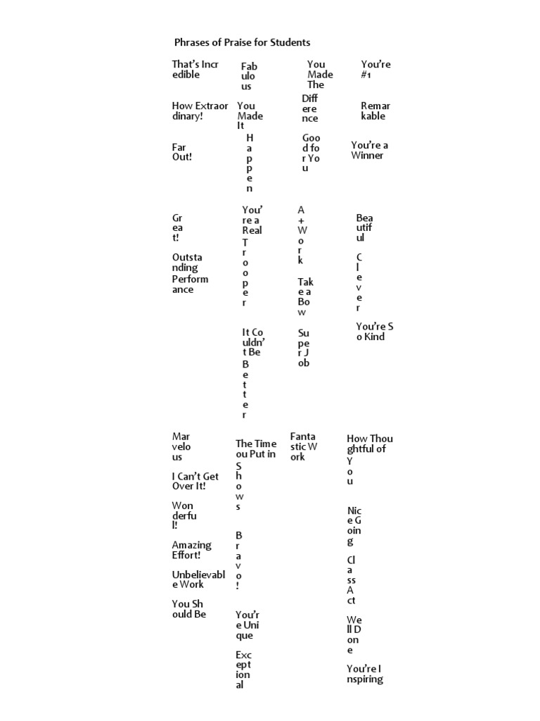 101 Phrases of Praise For Students | PDF