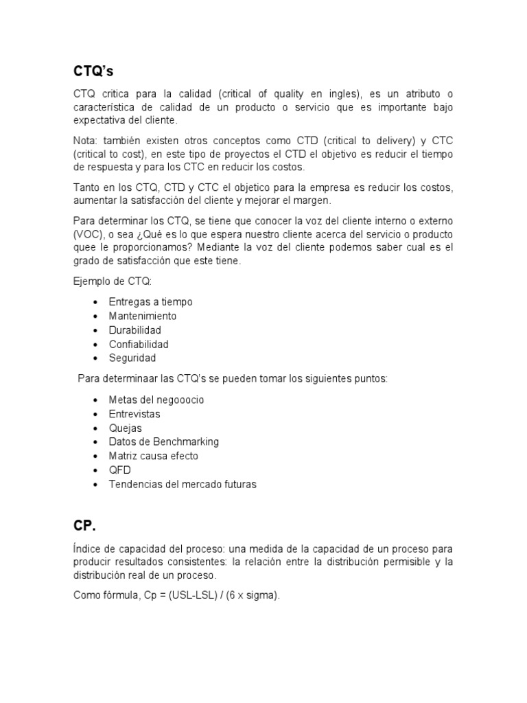 Lean Six Sigma CTQ's | PDF | Six Sigma | Calidad (comercial)