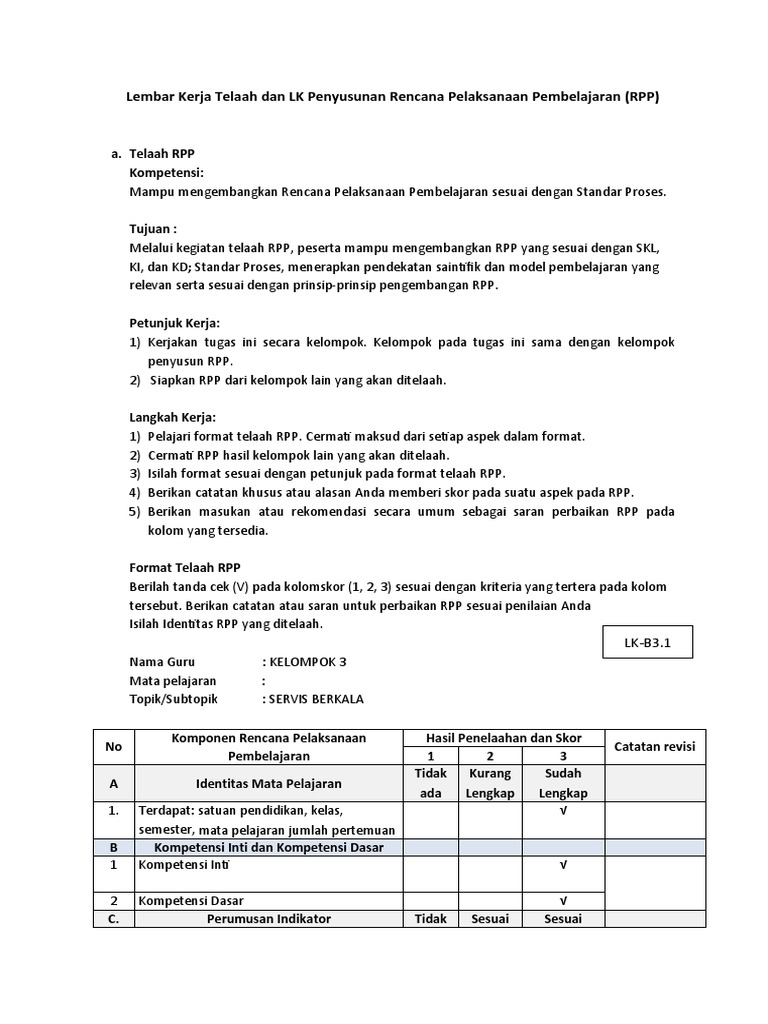 Lembar Kerja Telaah Dan LK Penyusunan Rencana Pelaksanaan Pembelajaran (RPP) | PDF