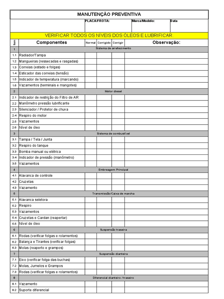 Checklist Manutenção Preventiva | PDF | Pneu | Engenharia Mecânica