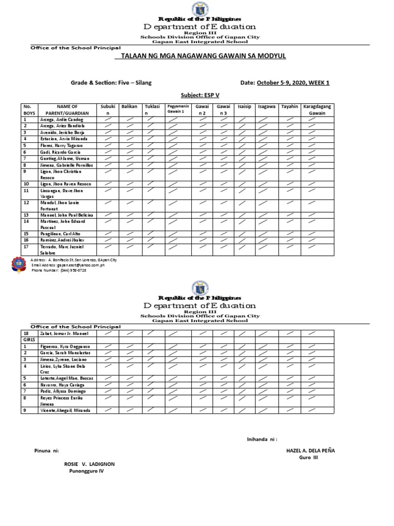 Weekly Activities Record for Grade 5 Students | PDF