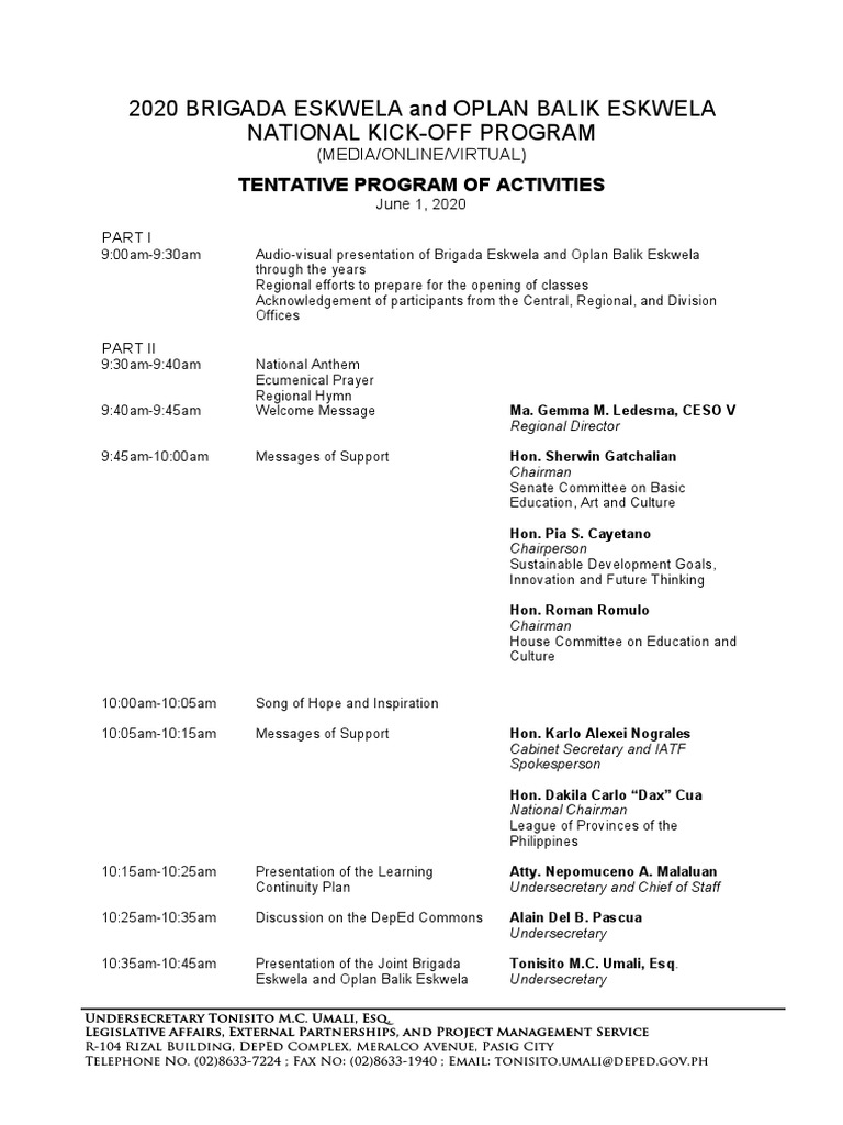 2020 BRIGADA ESKWELA and OPLAN BALIK ESKWELA PROGRAM PDF | PDF ...
