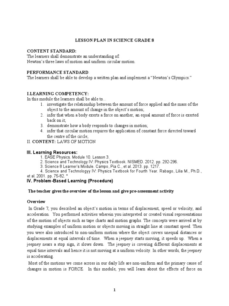 Lesson Plan in Science Grade 8 Content Standard | PDF | Acceleration ...