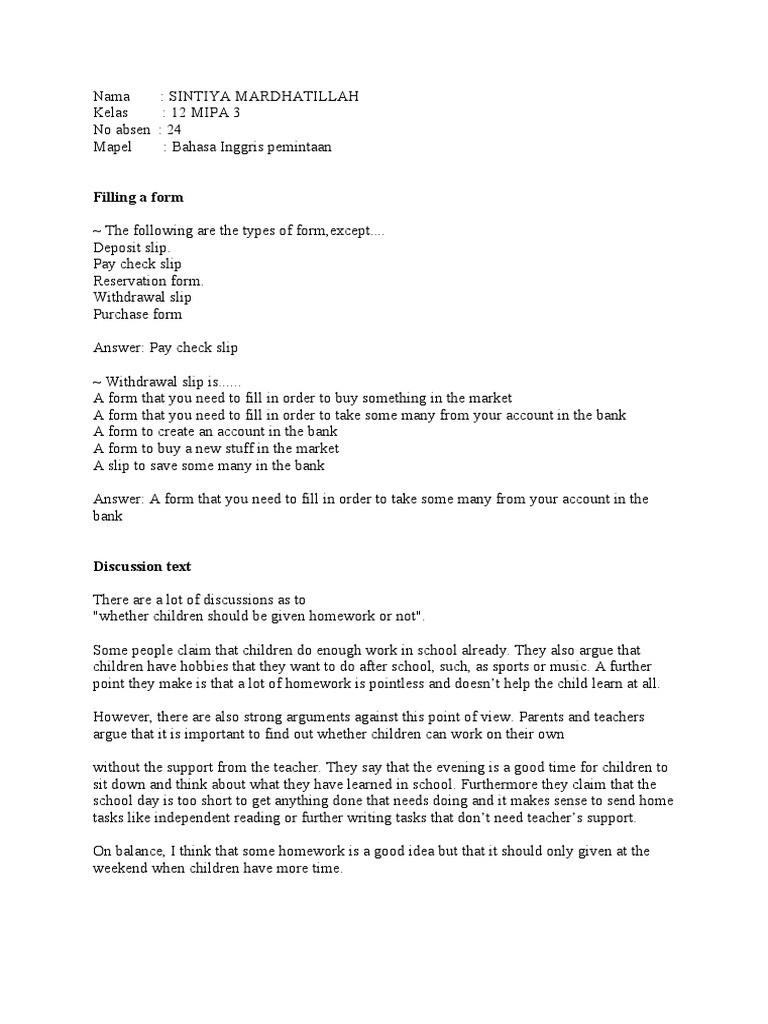 Filling A Form | PDF | Homework | Behavior Modification