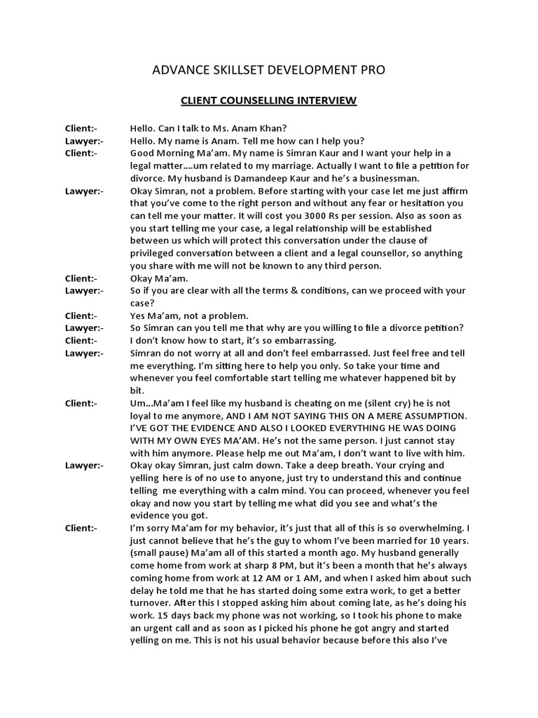 Client Counselling Interview | PDF | Divorce | Social Institutions
