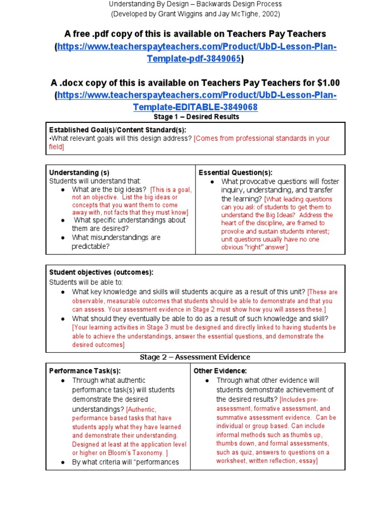 Editable UbD Lesson Plan Template | PDF | Educational Assessment ...