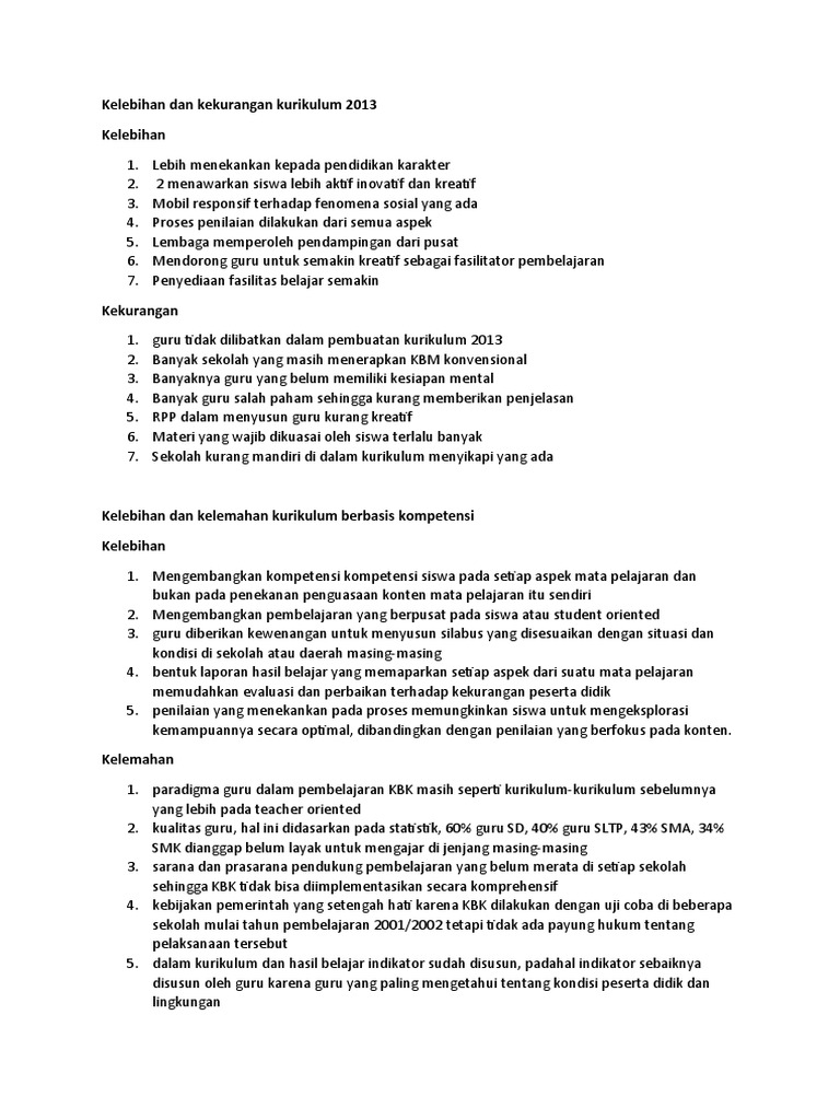 Kelebihan Dan Kekurangan Kurikulum 2013 Kelebihan | PDF | Pengembangan Diri