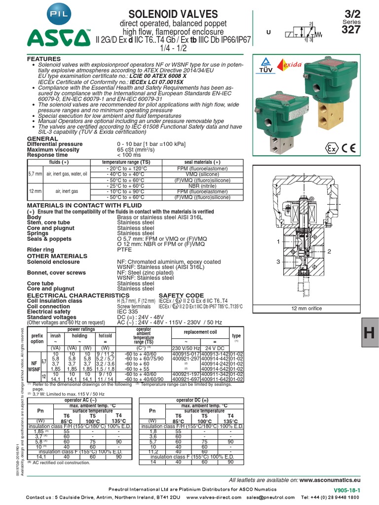 Series 327 - ASCO 3-2 Solenoid Valves Direct Operated Flameproof | PDF | Mains Electricity | Valve