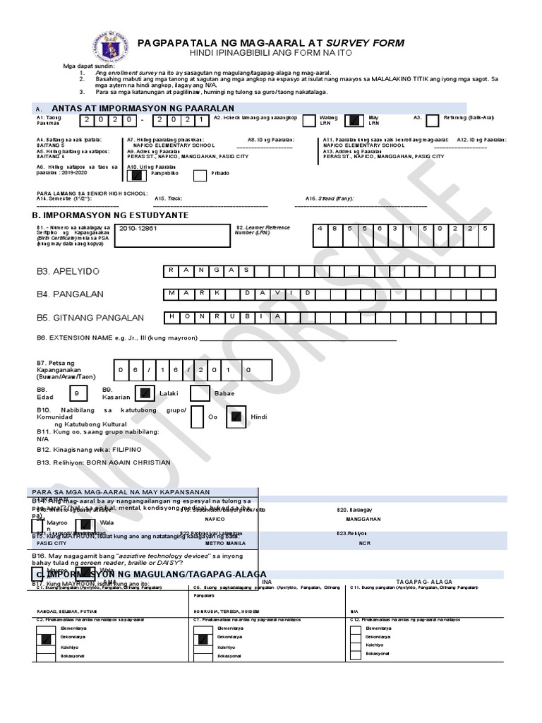 Learner Enrollment and Survey Form Filipino | PDF