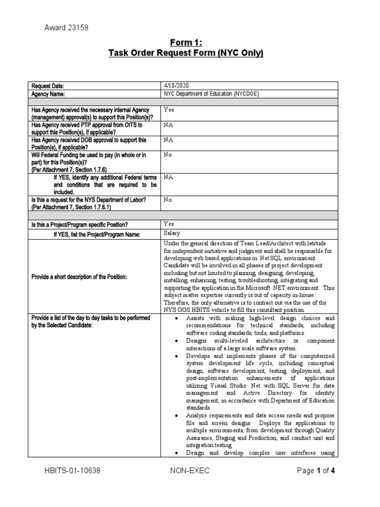 Form 1: Task Order Request Form (NYC Only) : Award 23158 | PDF ...
