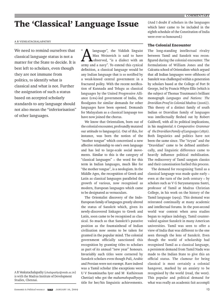 The Classical Language Issue | PDF | Languages Of India | Tamil Nadu