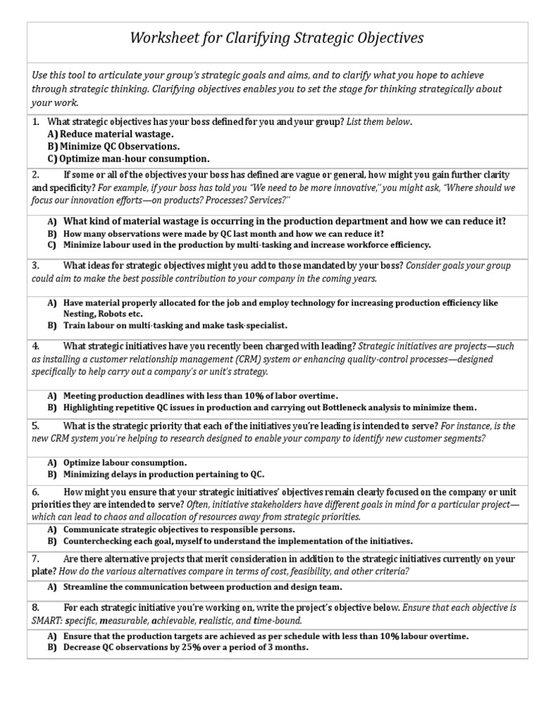Worksheet For Clarifying Strategic Objectives | PDF | Goal | Customer ...