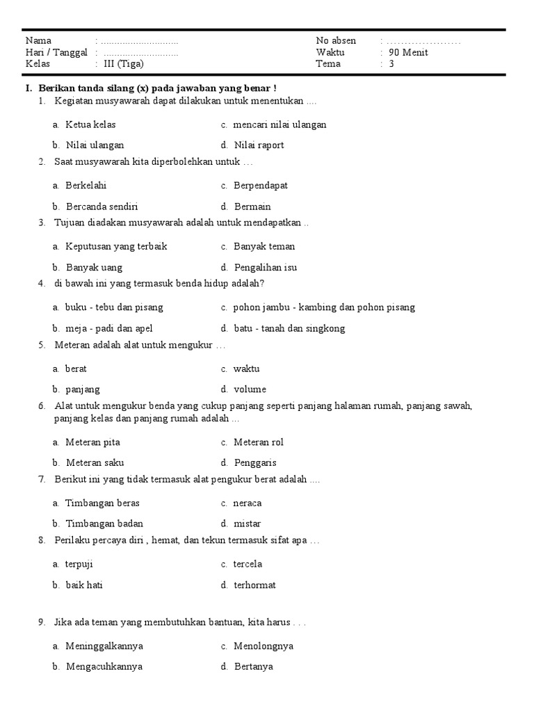 SOAL PAS KLS 3 TEMA 3 SMT 1 | PDF