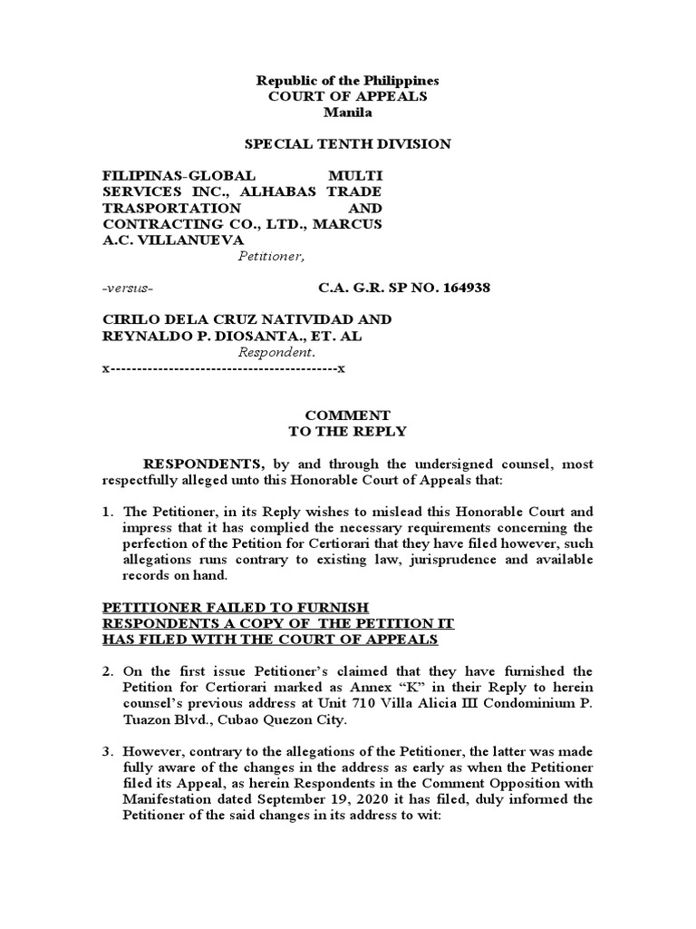 Court of Appeals COMMENT To The Reply | PDF | Burden Of Proof (Law ...