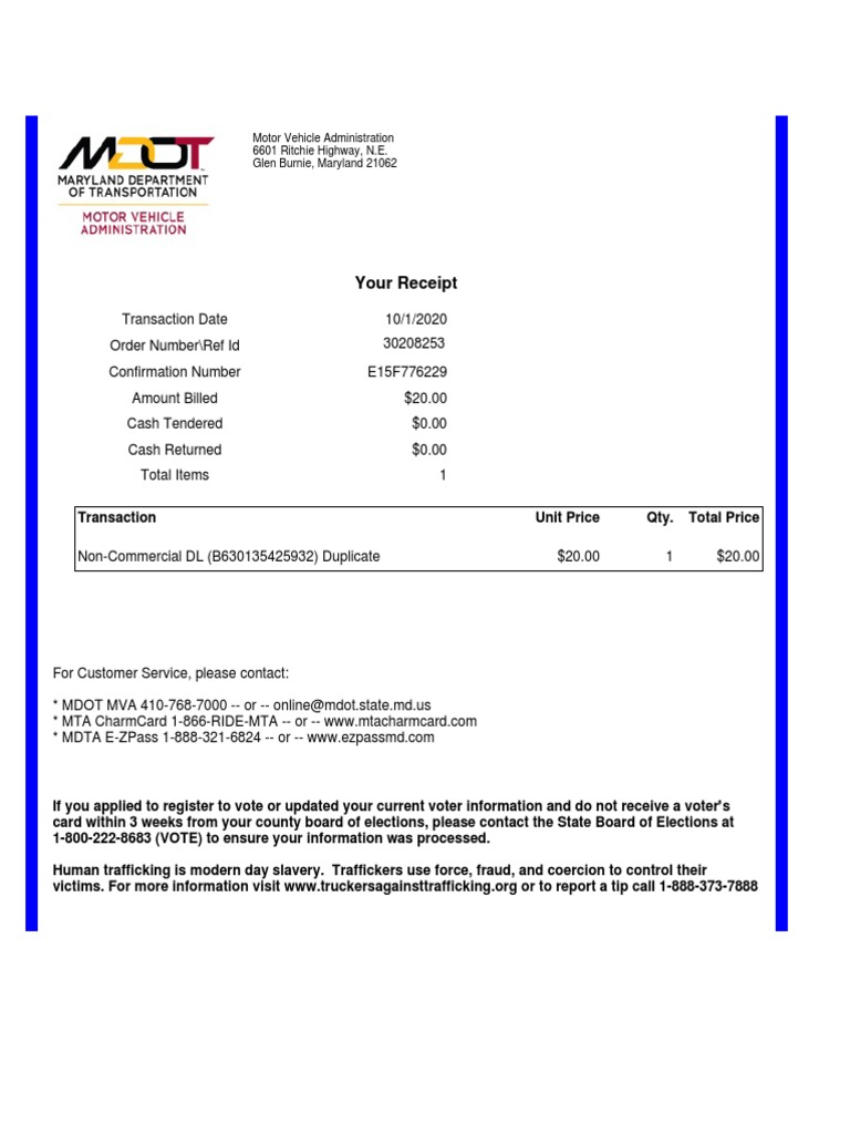 Your Receipt: Motor Vehicle Administration 6601 Ritchie Highway, N.E ...