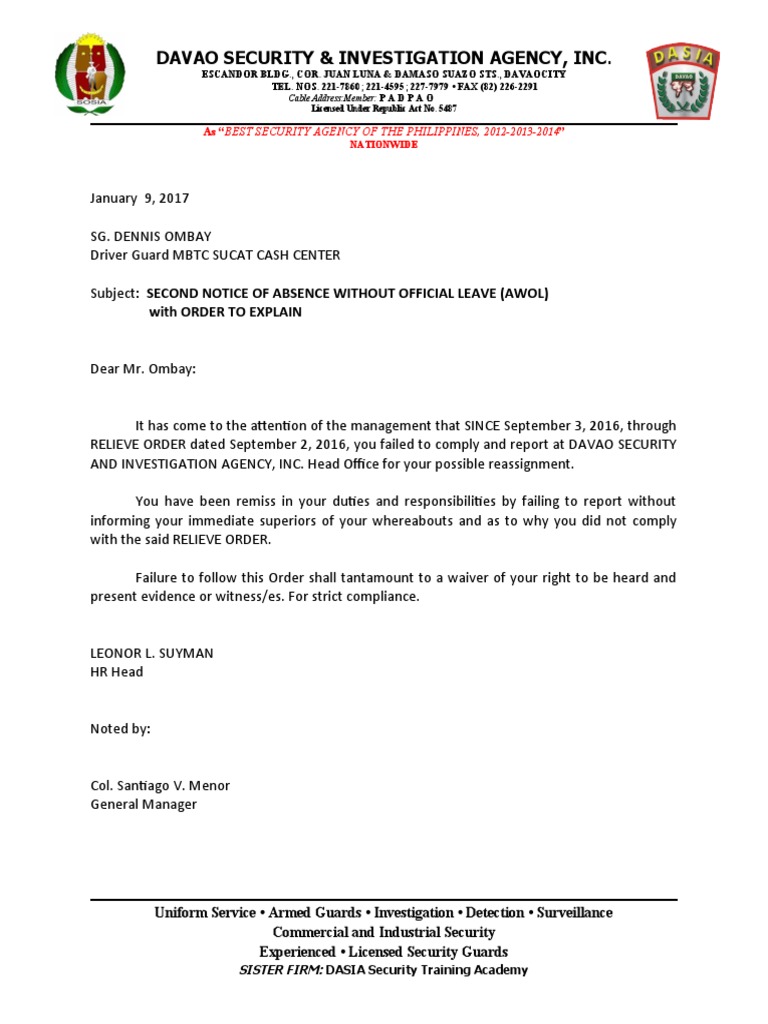 Awol Letter (Jan. 2017) | PDF