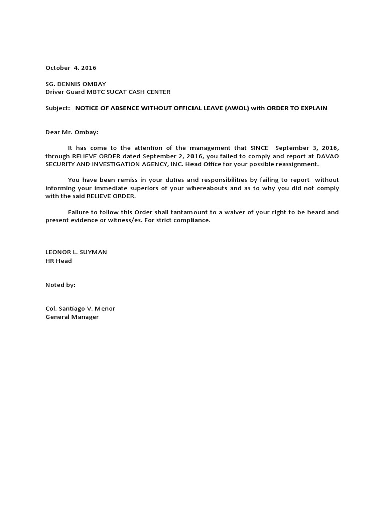 AWOL Letter (OMBAY) | PDF