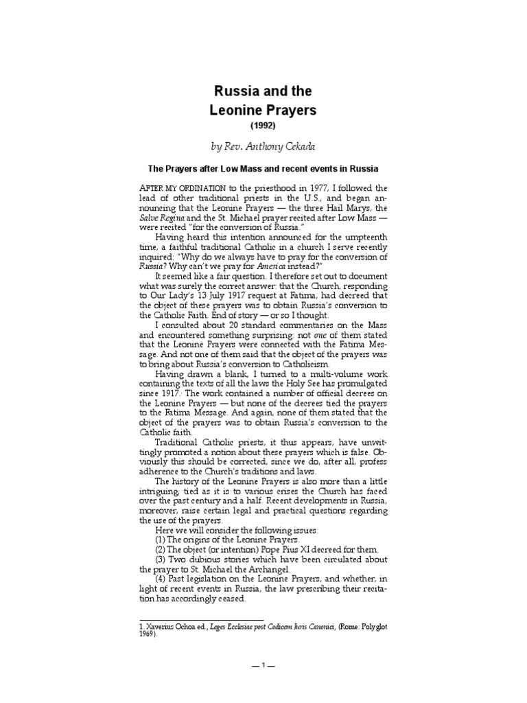 Russia and The Leonine Prayers: by Rev. Anthony Cekada | PDF | Mass (Liturgy) | Pope